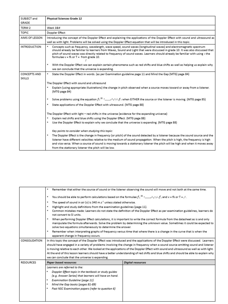 Physical Sciences Grade 12 Term 2 Weeks 3 and 4 - 2020 | PDF | Doppler ...