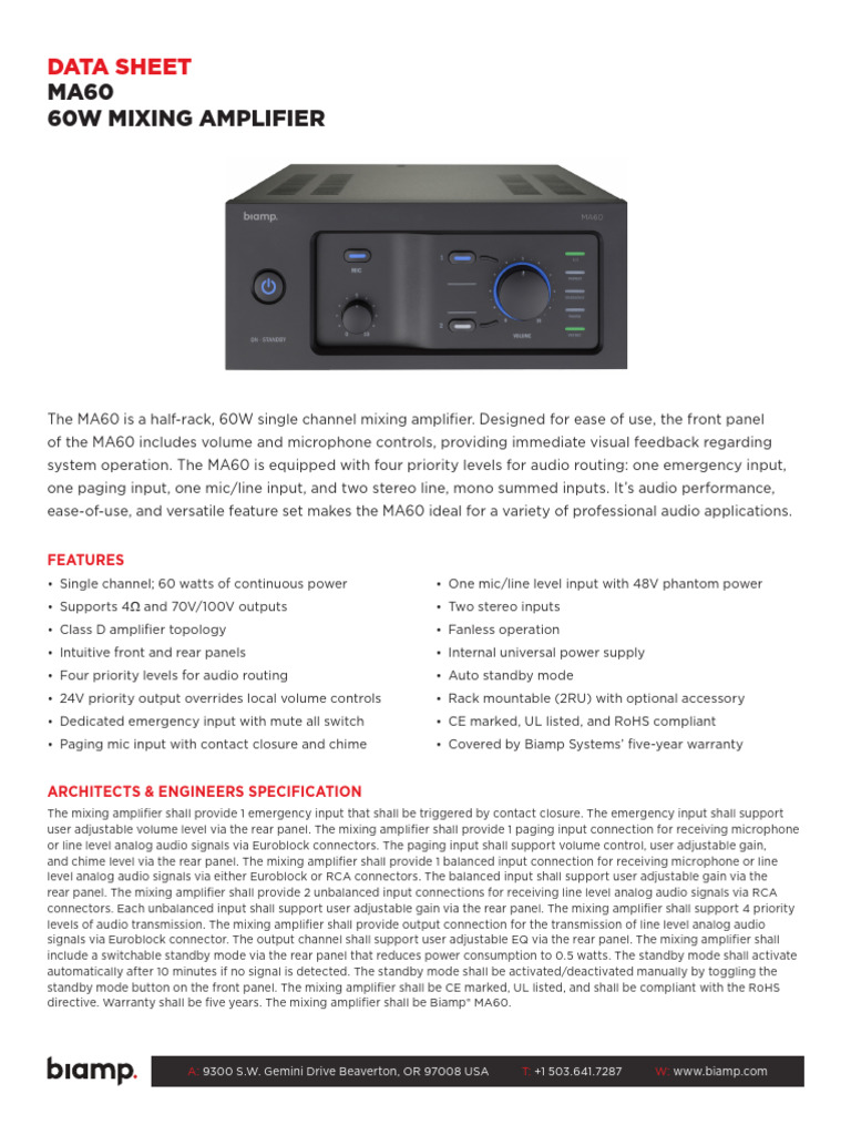 Biamp Data Sheet Ma60 Feb21 | Download Free PDF | Amplifier | Electronics
