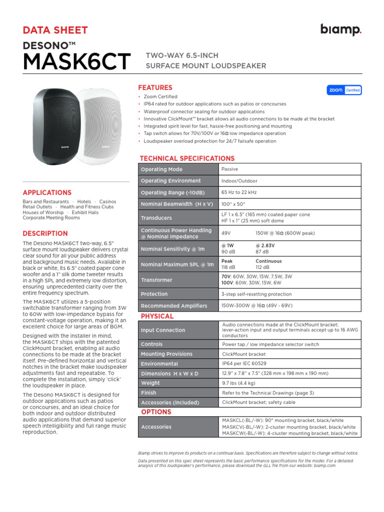 Biamp Data Sheet Desono Mask6ct August23 | PDF | Loudspeaker | Electronics