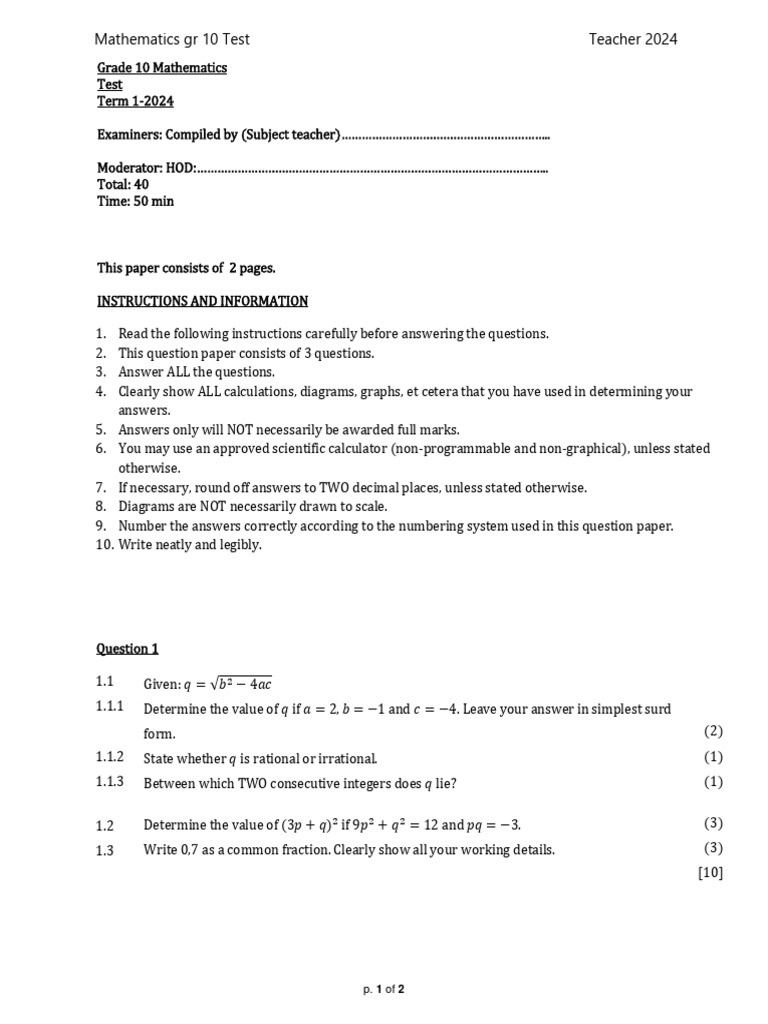 GR 10 Test Algebraic Expressions T1 2024 | PDF | Arithmetic ...