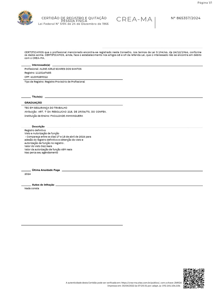 Certidão de Registro CREA-MA 2024 | PDF