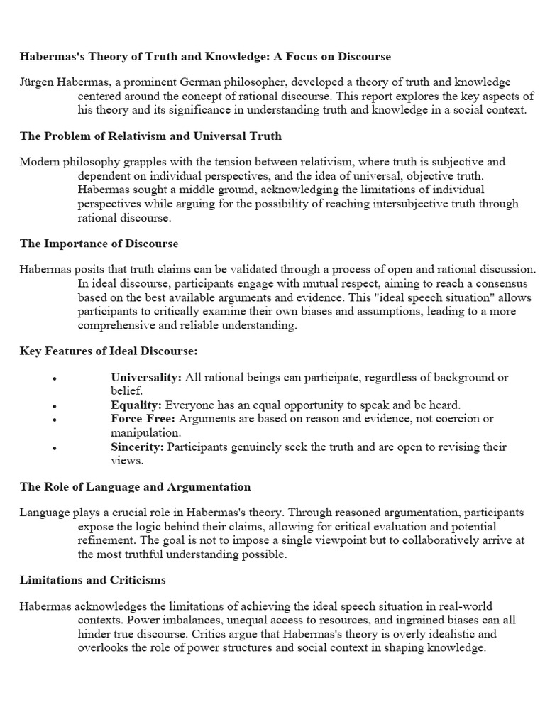 Habermas's Theory of Truth and Knowledge | PDF | Truth | Knowledge