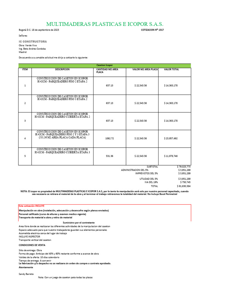 Cotizacion 1317 IC Constructora Verde Vivo | PDF