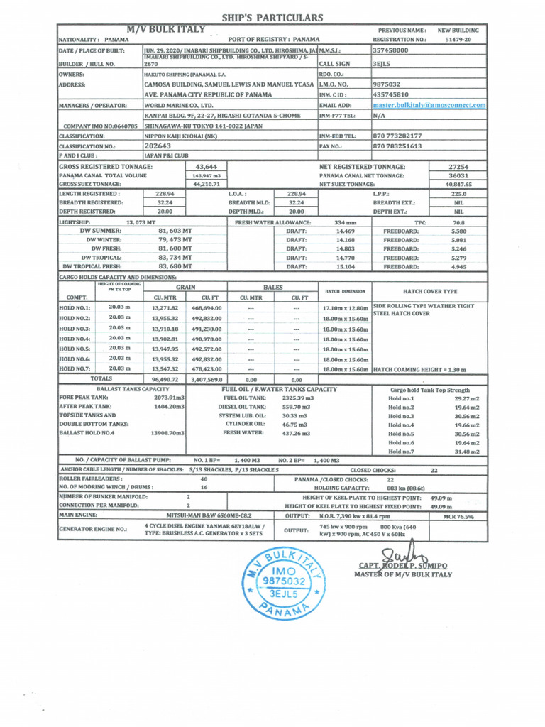 Mv Bulk Italy - Ships particulars | PDF