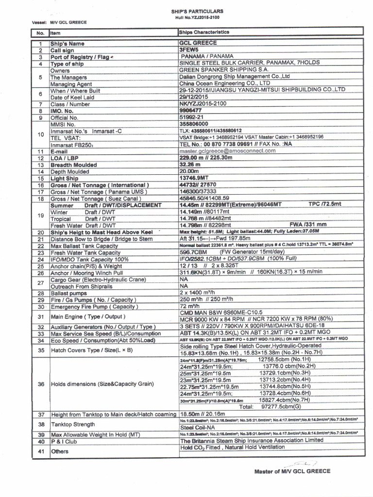 MV GCL Greece - Ship's Particulars | PDF