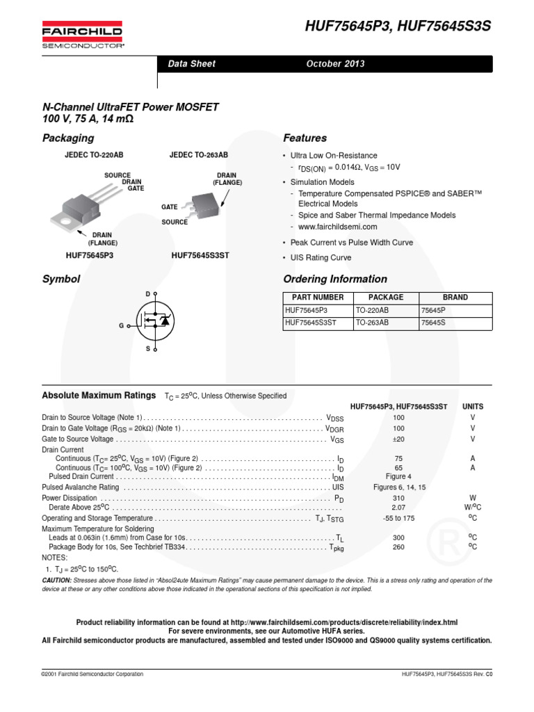 Huf75645P3, Huf75645S3S: N-Channel Ultrafet Power Mosfet | PDF | Field Effect Transistor | Solid ...