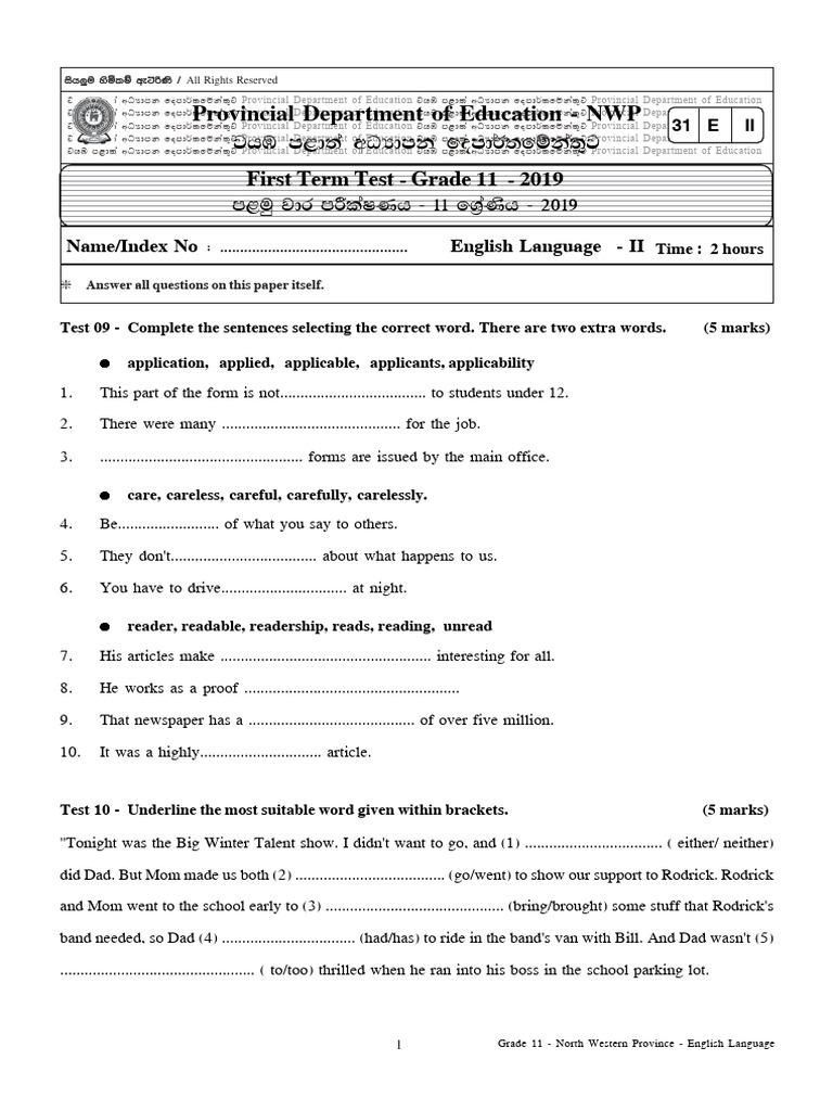 11 English Language 2019 NWP First term part II | PDF