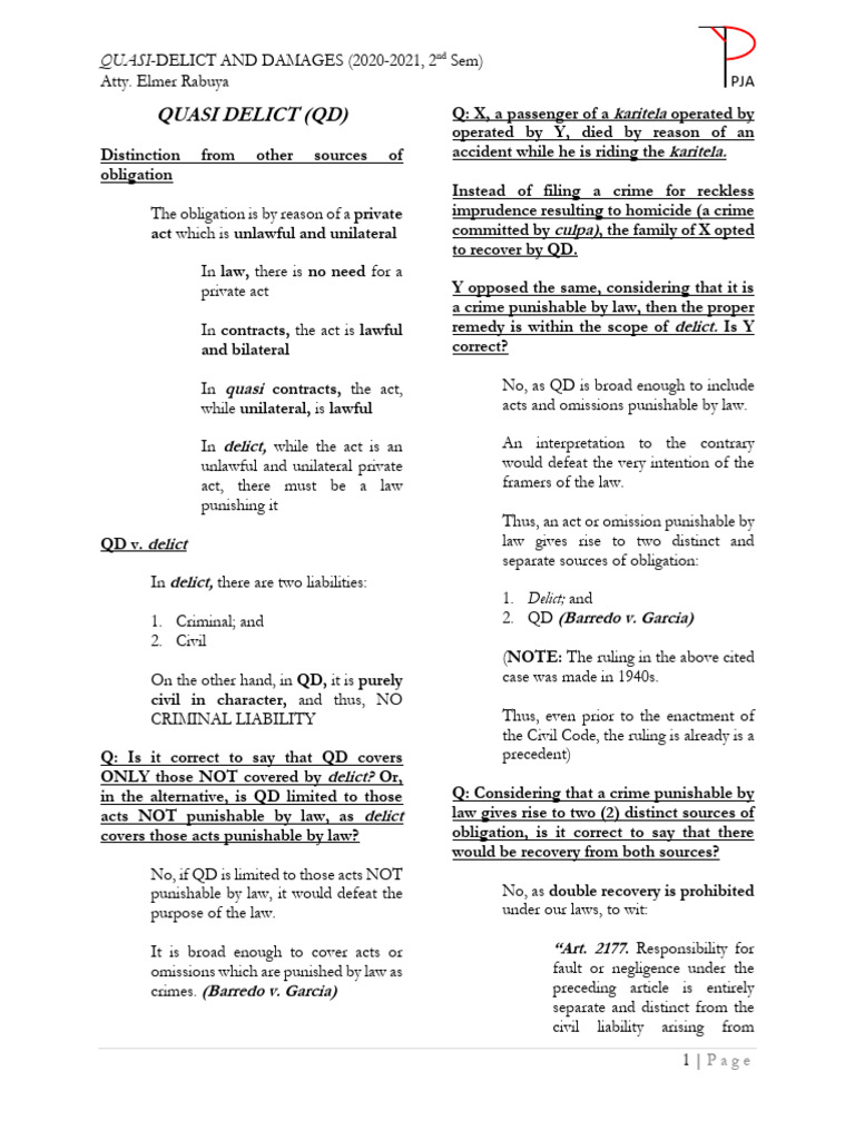 Quasi-Delict and Damages (PJA) | PDF | Negligence | Tort