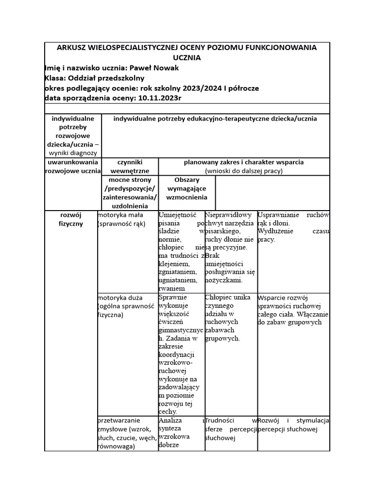 ARKUSZ WIELOSPECJALISTYCZNEJ OCENY POZIOMU FUNKCJONOWANIA UCZNIA | PDF ARKUSZ WIELOSPECJALISTYCZNEJ OCENY POZIOMU FUNKCJONOWANIA UCZNIA | PDF