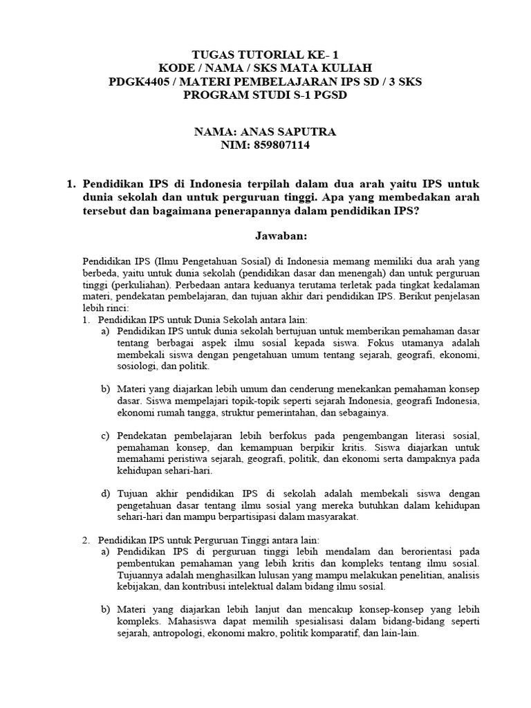 TUGAS 1 (PDGK4405 - Materi Dan Pembelajaran IPS SD) | PDF