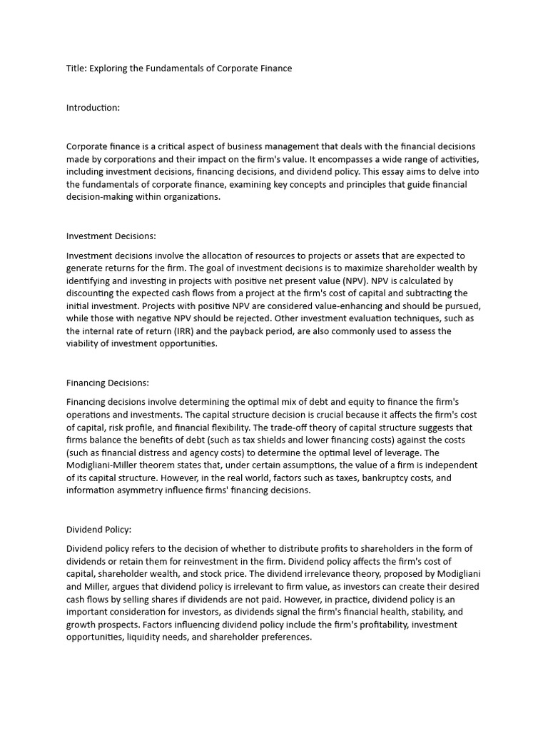 Corporate Finance Essentials | PDF | Valuation (Finance) | Net Present ...