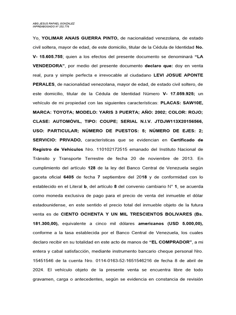 Compra Venta Vehiculo | Descargar gratis PDF | Venezuela | Documento de ...