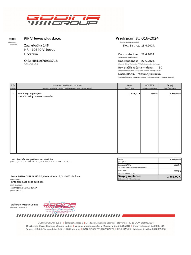 Predračun Godina Group 2024-16 Pik Vrbovec | PDF