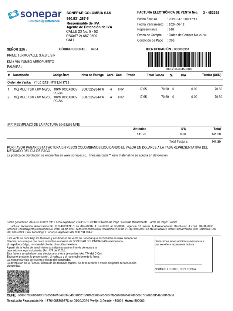Factura Electrónica Sonepar 2024 | PDF | Pagos | Dinero