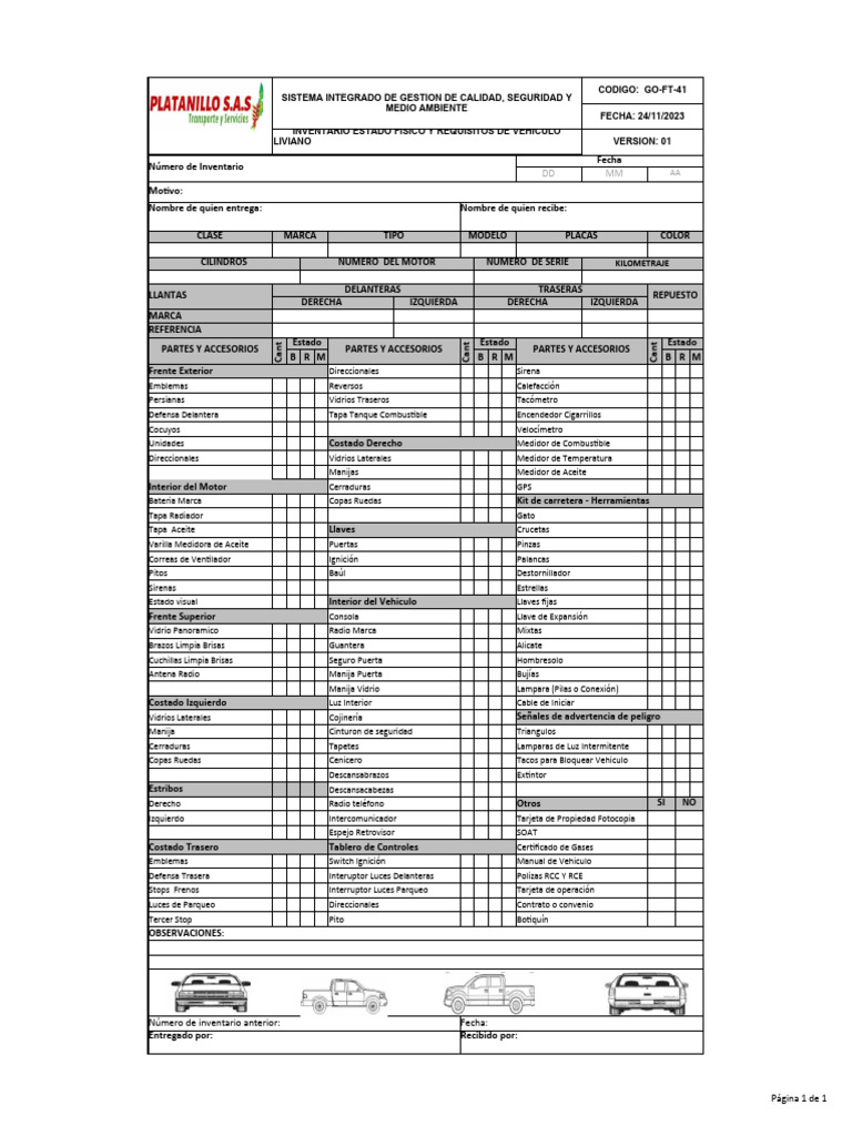 GO-FT-41 Inv. y Requisitos de Vehiculo Liviano | PDF | Coche | Vehículo ...