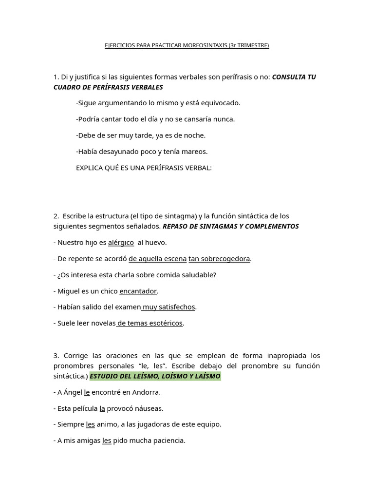 Ejercicios para Practicar Morfosintaxis en El 3r Trim | PDF | Asunto (gramática) | Verbo