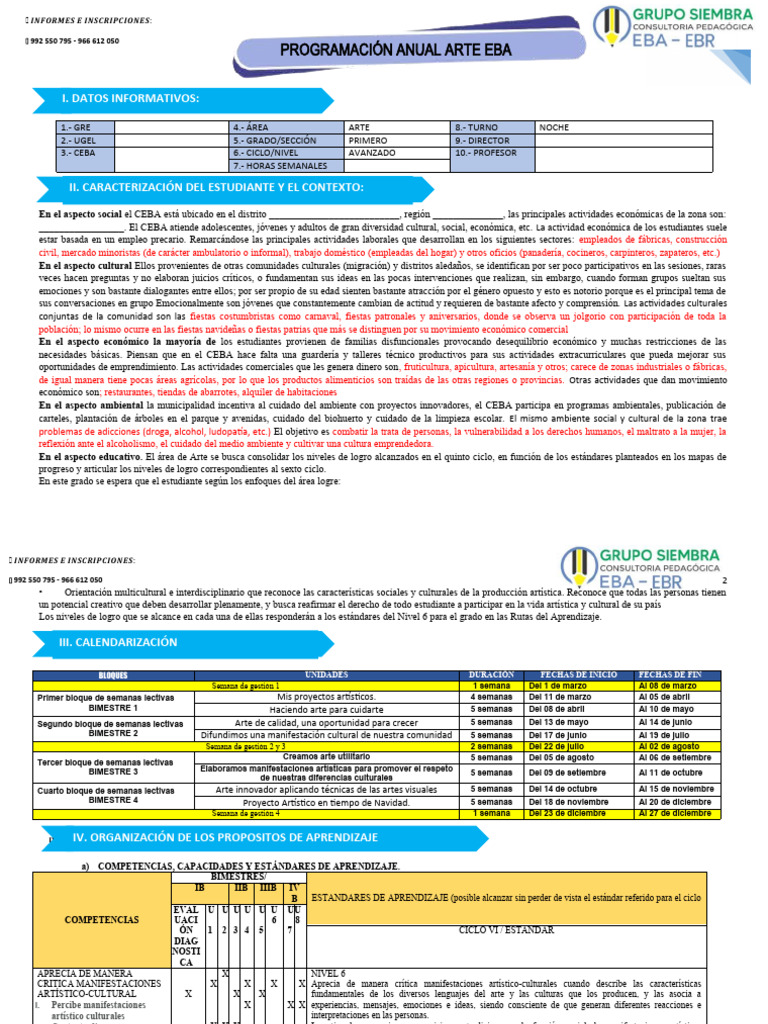 Programación Anual Arte 1ro Avanzado | PDF | Evaluación | Enseñando