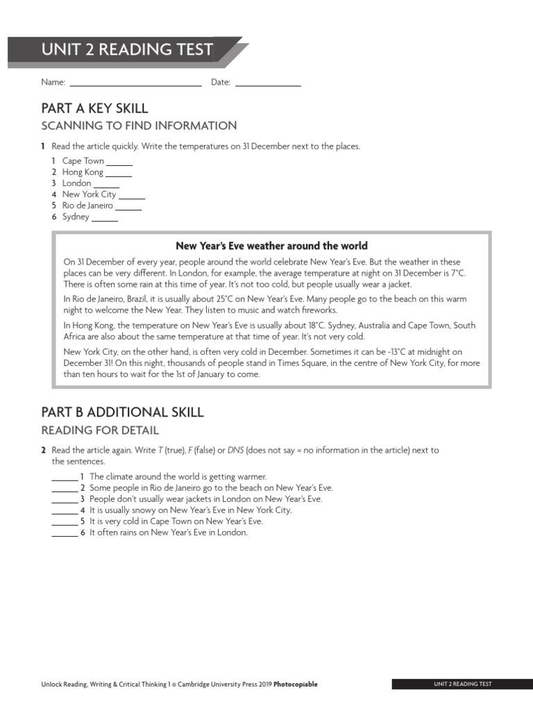 Unlock 2e RW1 Tests Unit 02 | PDF | Noun | Phrase