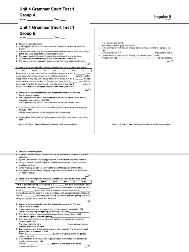 Unit 4 Grammar Short Test 1 a+B | PDF