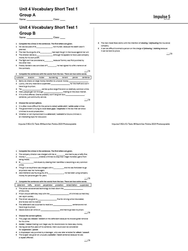 Unit 4 Vocabulary Short Test 1 A+b | PDF | Crimes | Crime & Violence
