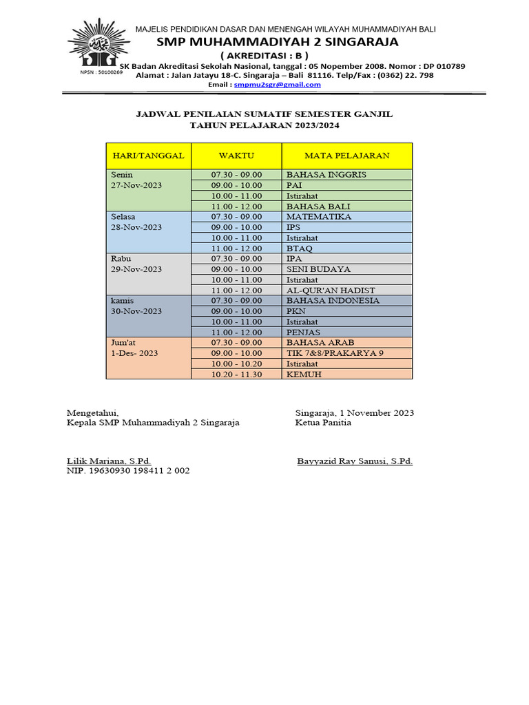 Jadwal Penilaian Sumatif Semester Ganjil | PDF