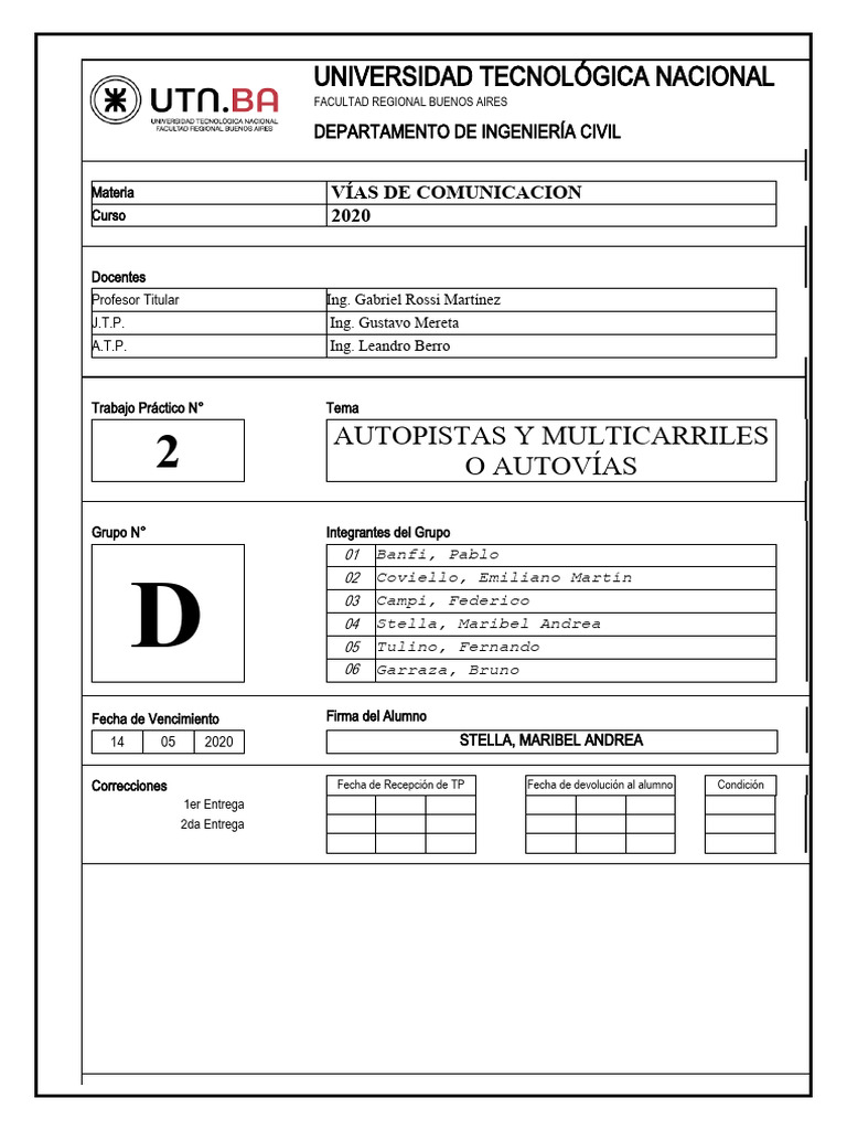 TP Nº2 - Autopistas y Multicarriles o Autovias - Grupo D - GGM Corr 1 | PDF | Transporte de ...