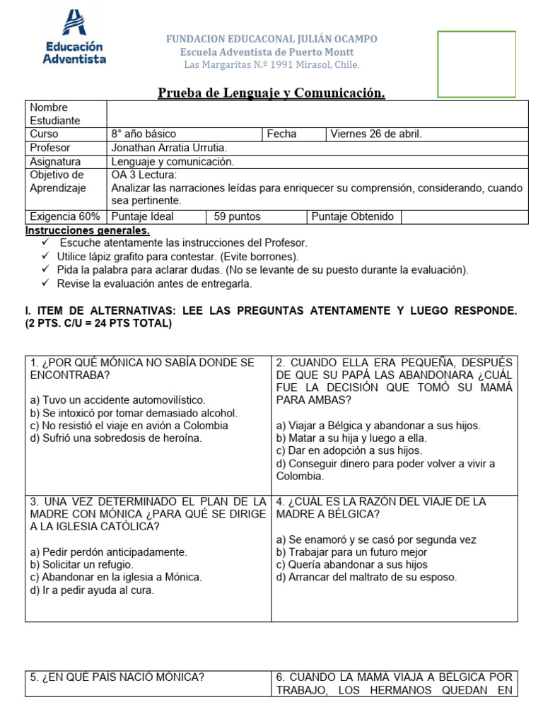 Prueba Plan Lector 8° Cárceles Sin Rejas | PDF