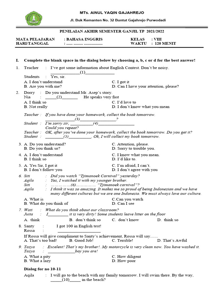 Soal PAS B.Ing Kelas 8 K13 | PDF