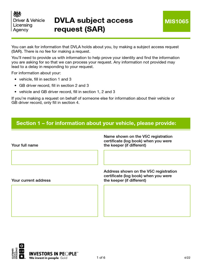 Make A Subject Access Request To Dvla Form Mis1065 - 270422 | PDF | Vehicles
