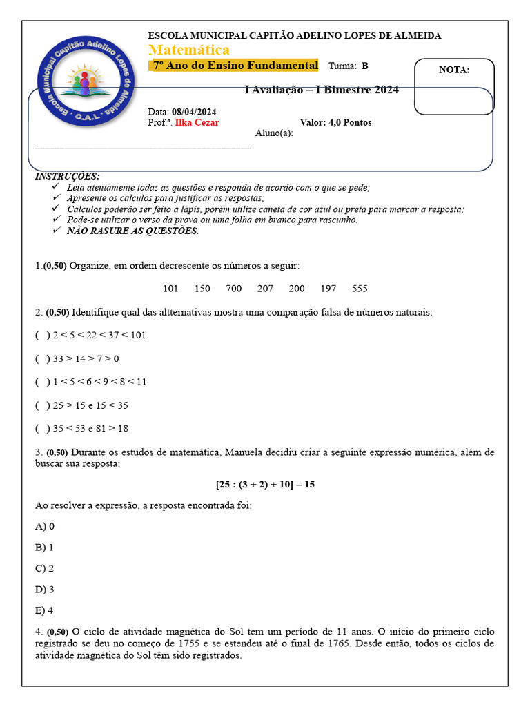 Aval 1 Mat 7 Ano | PDF