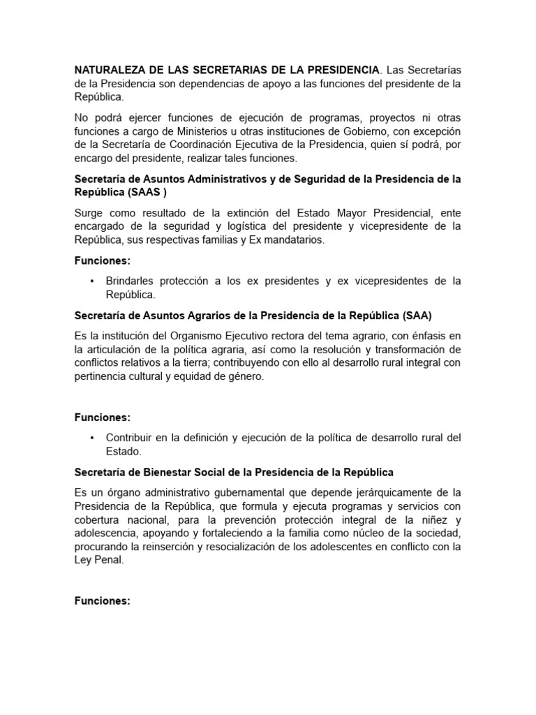 Secretarias de La Presidencia | PDF | Ministerio (Departamento de ...
