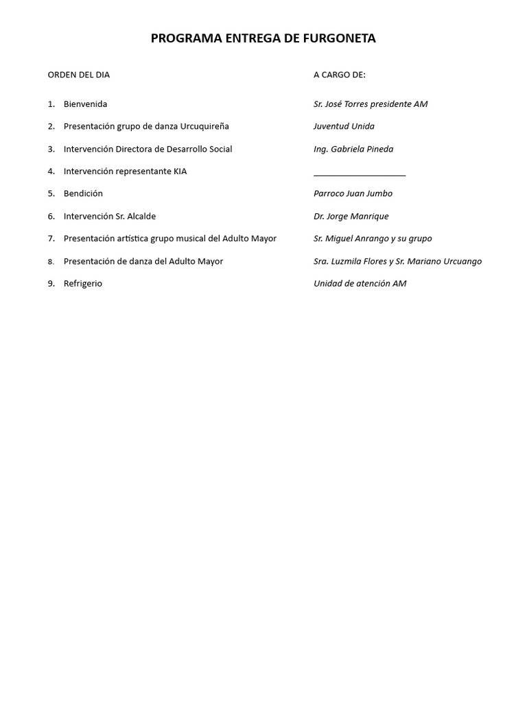 Programa Entrega de Furgoneta | PDF