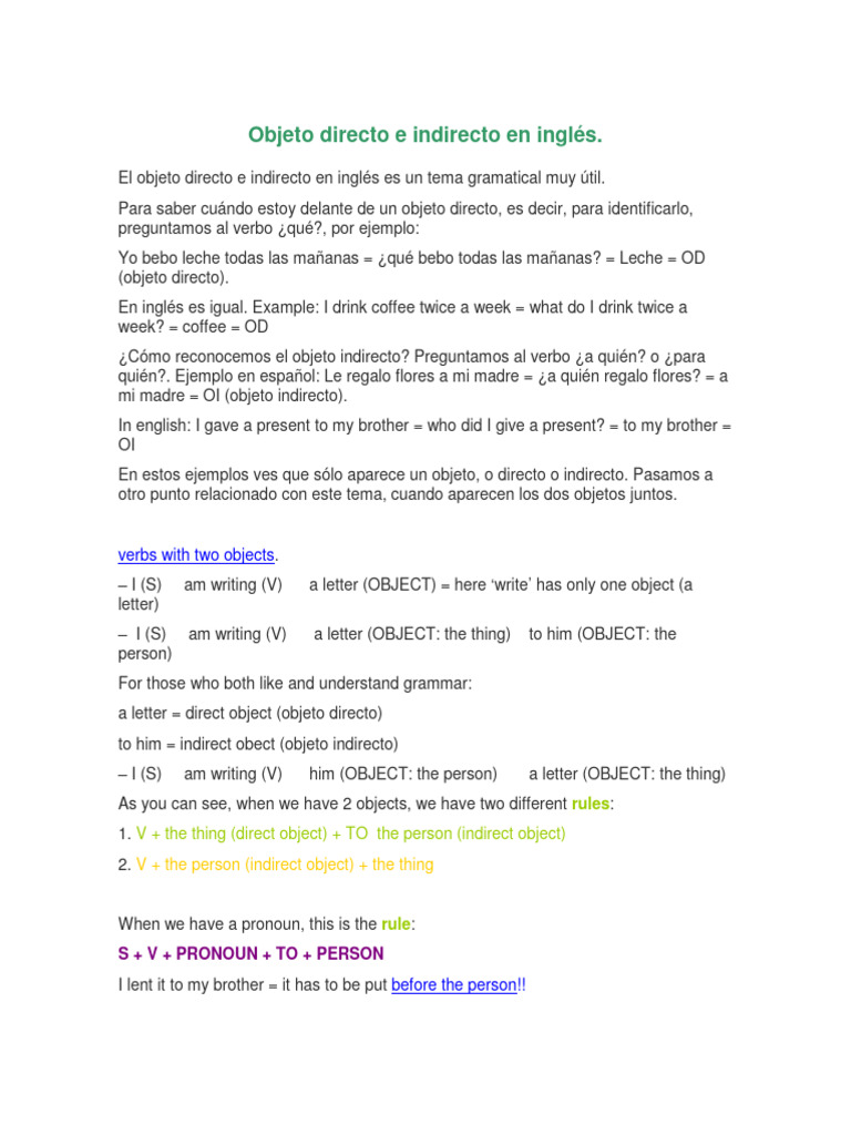 Obj Directo e Indirecto | PDF | Objeto (gramática) | Preposición y ...
