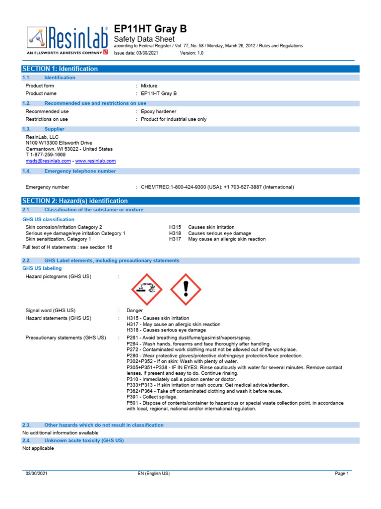 EP11HTGrayB 2 Part Expoy Hadener SDS | PDF | Toxicity | Dangerous Goods