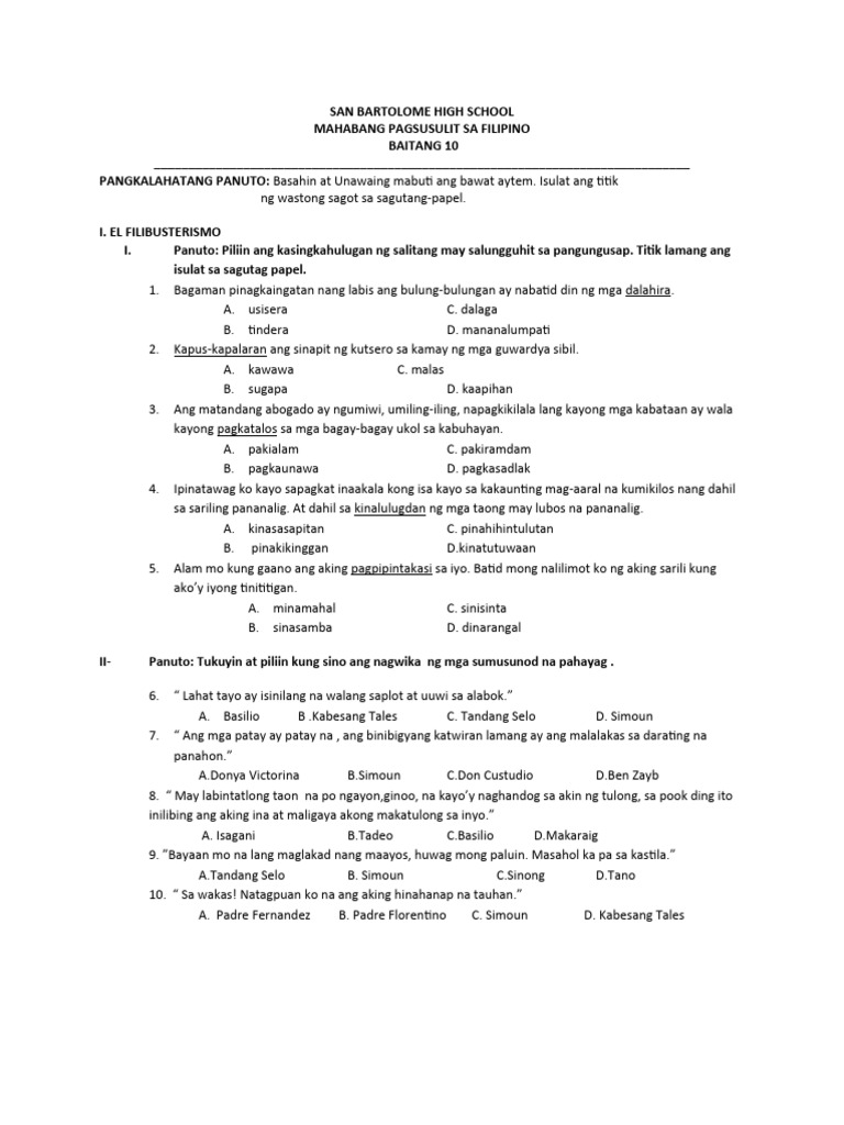 Mhabang Pagsusulit Sa El Filibusterismo | PDF