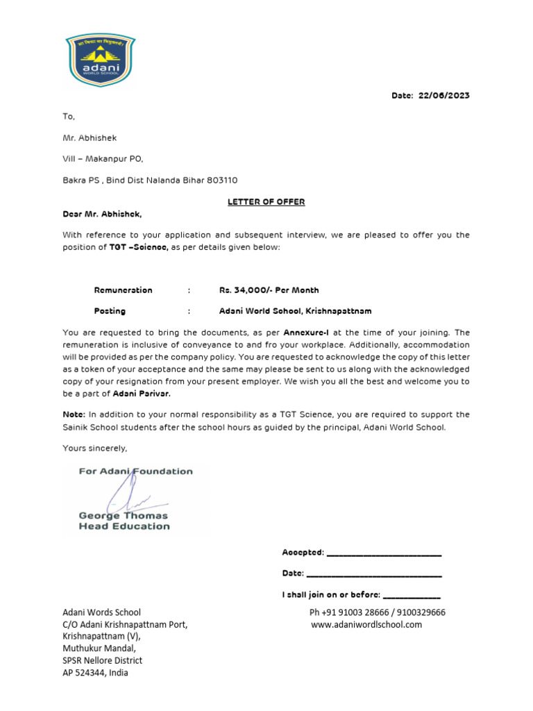 Offer Letter - AWS Krishnapattnam - Mr. Abhishek | PDF | Government And ...