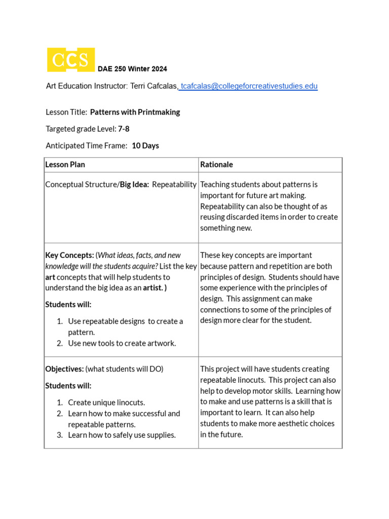 Printmaking Patterns Lesson Plan | PDF | Printmaking | Aesthetics
