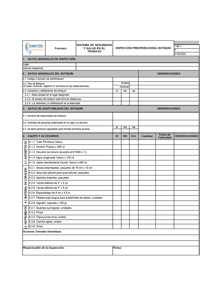 Ft-cmp-009 Formato Preoperacional Botiquin | PDF | Medicina | Habilidades de supervivencia