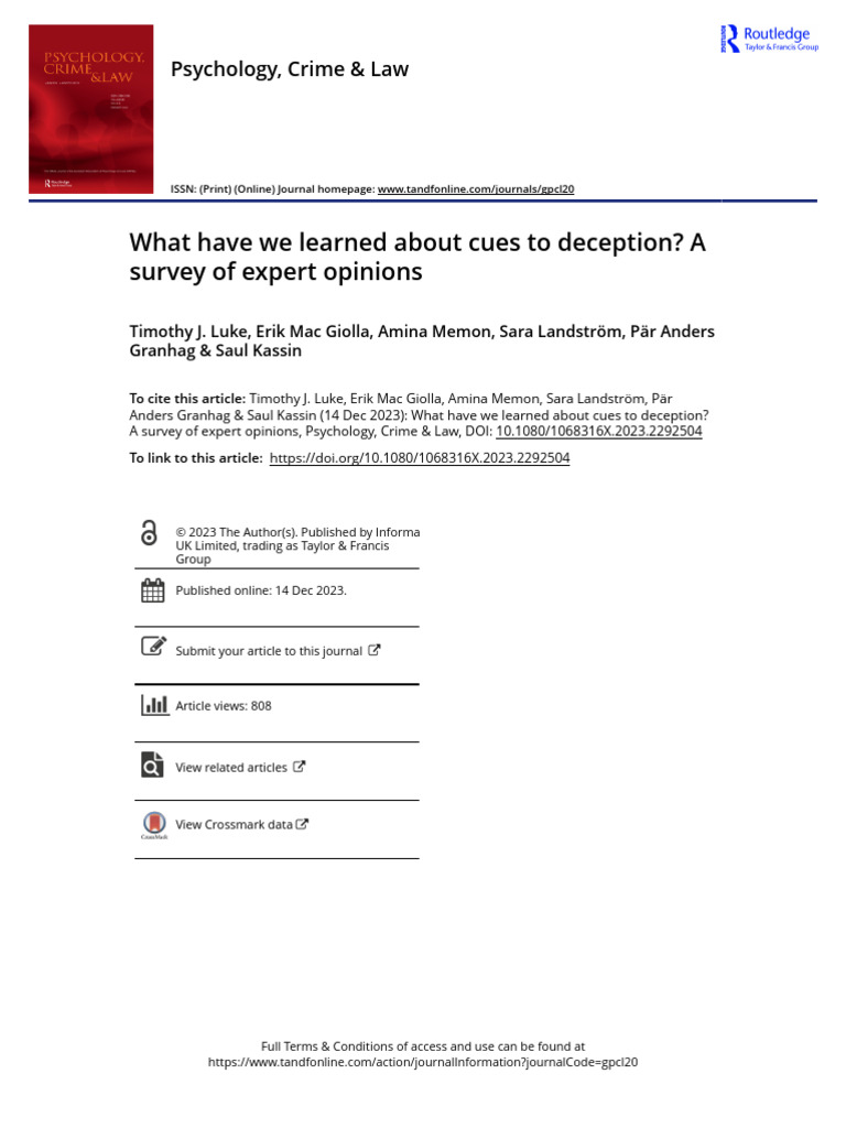 What Have We Learned About Cues To Deception A Survey of Expert | PDF ...