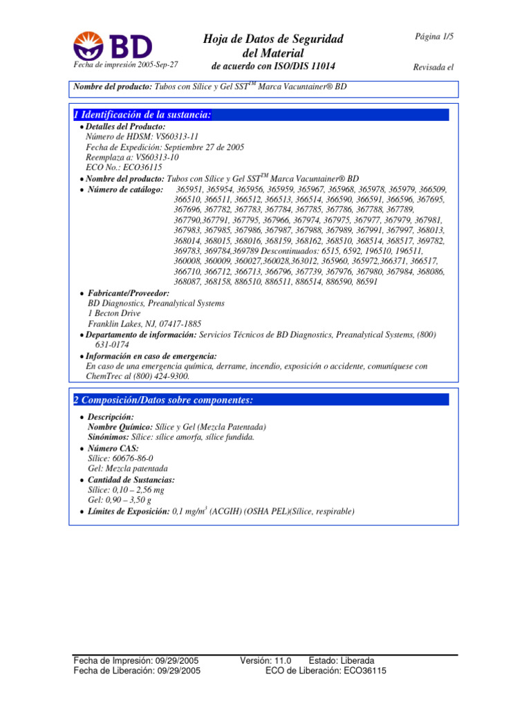 MSDS Tubos SST Plus Gel BD Vacutainer - Espa+ Ol | PDF