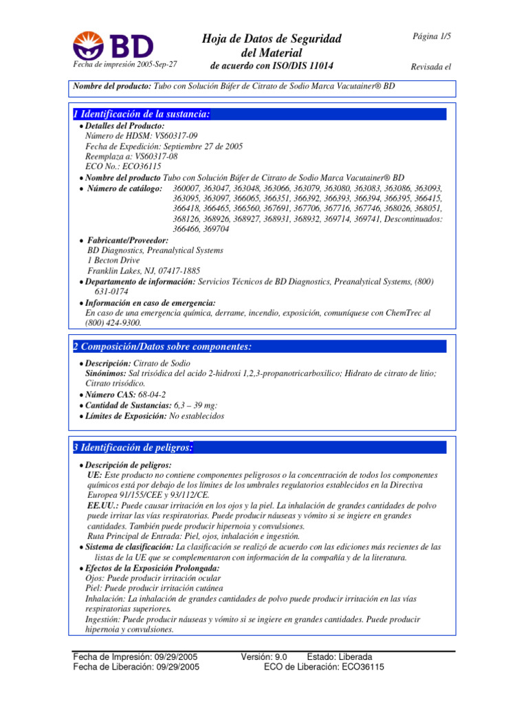 MSDS-Tubos Azules BD Vacutainer - Espa+ Ol | PDF | Agua | Química