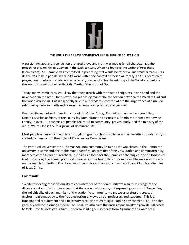 The Four Pillars of Dominican Life in Higher Education | PDF