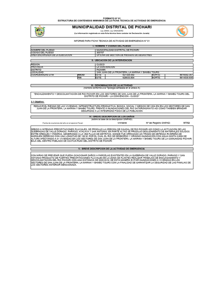 Formato Fta Emergencia Rio Pichari | PDF | Cuerpos de agua | Hidrología