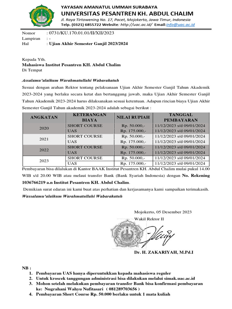 Surat Edaran Pembayaran Uas | PDF