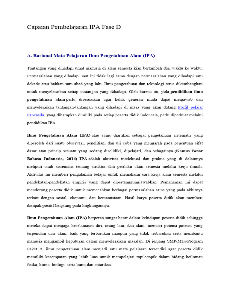 Capaian Pembelajaran IPA Fase D | PDF