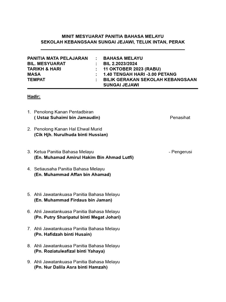Minit Mesyuarat Panitia BM Bil. 2 2023 | PDF