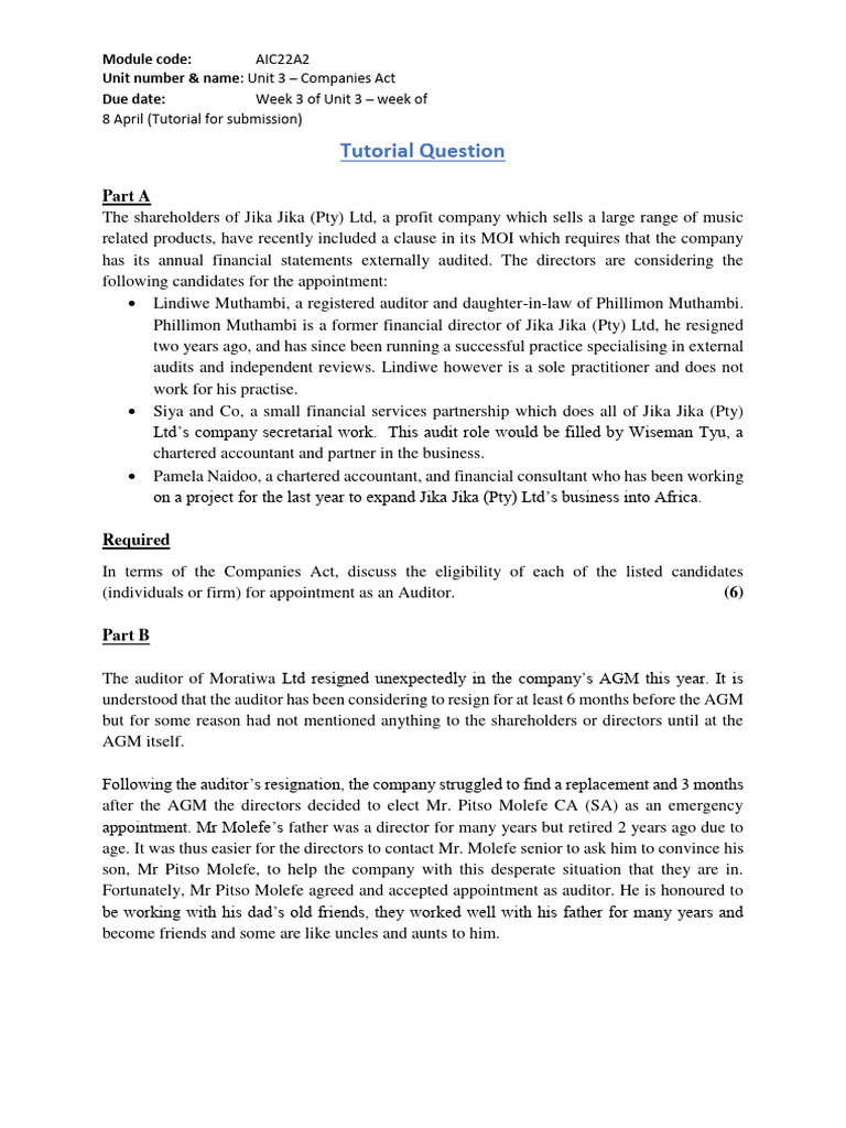 AIC2A Tutorial Question - Week of 8 April | PDF | Accountant | Audit AIC2A Tutorial Question - Week of 8 April | PDF | Accountant | Audit
