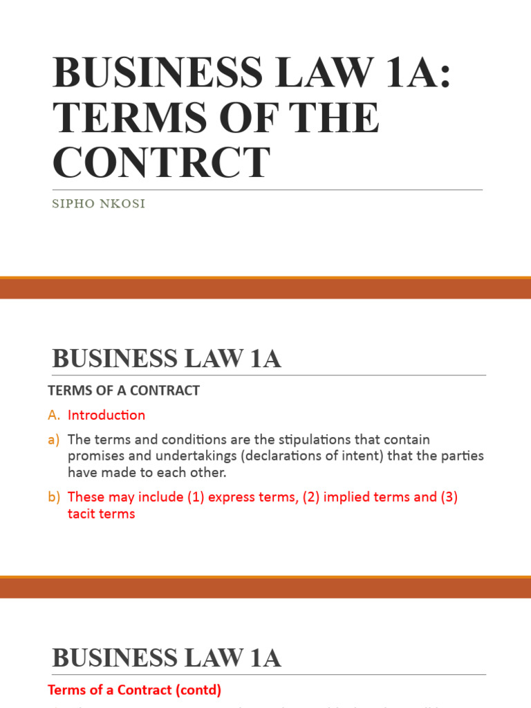 Business Law 1A - Chapter 8 (Terms of A Contract - Slides 2024) | PDF | Breach Of Contract ...