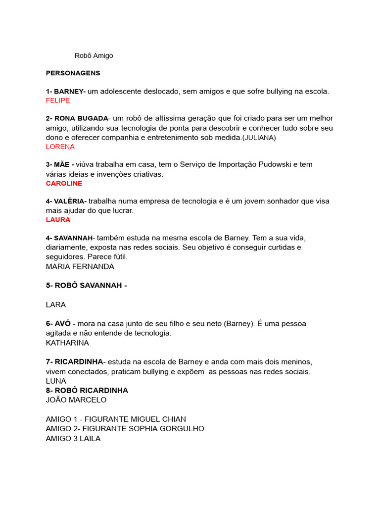 A72 - Roteiro SeCom | PDF | Amizade | Robô