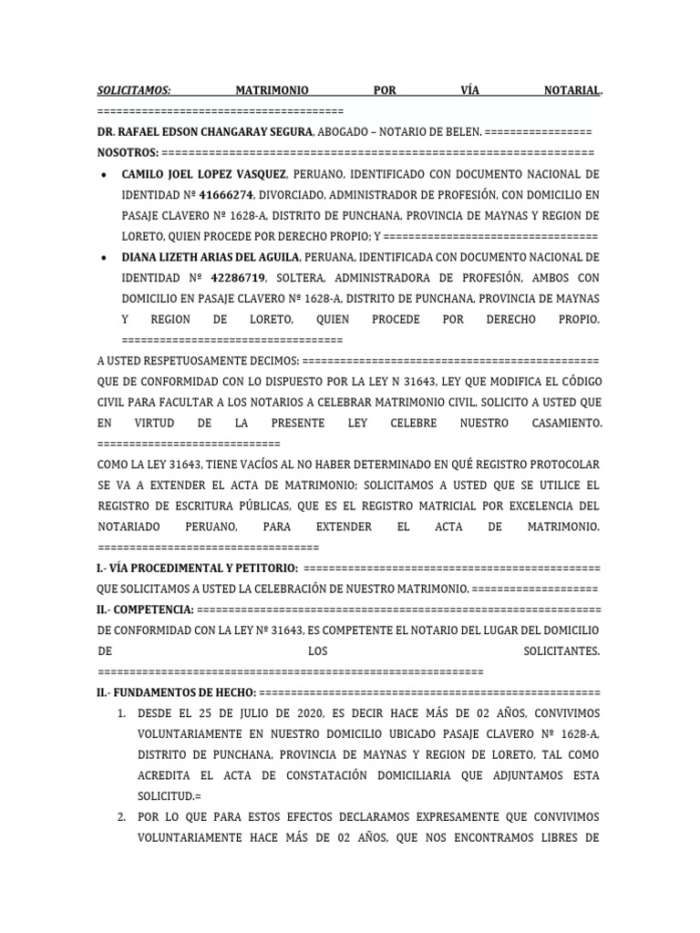 Solicitud de Matrimonio Notarial | Descargar gratis PDF | Instituciones sociales | Derecho Civil ...